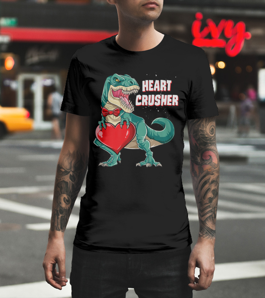 Heart Crusher Valentines Day Dinosaur Rex Bowtie Holding Heart T-Shirt
