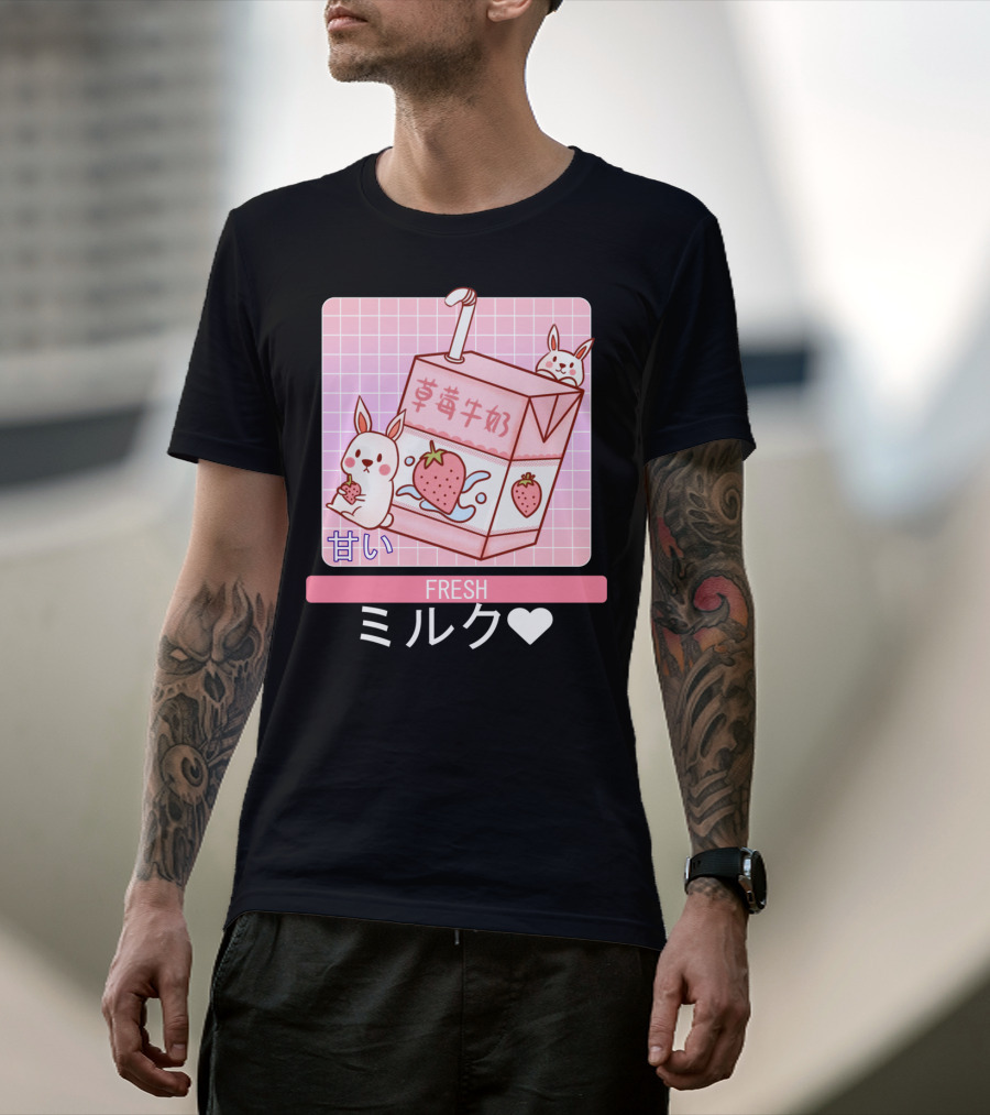 Fresh  Strawberry Milk Carton With Cute Bunny Aesthetic T-Shirt