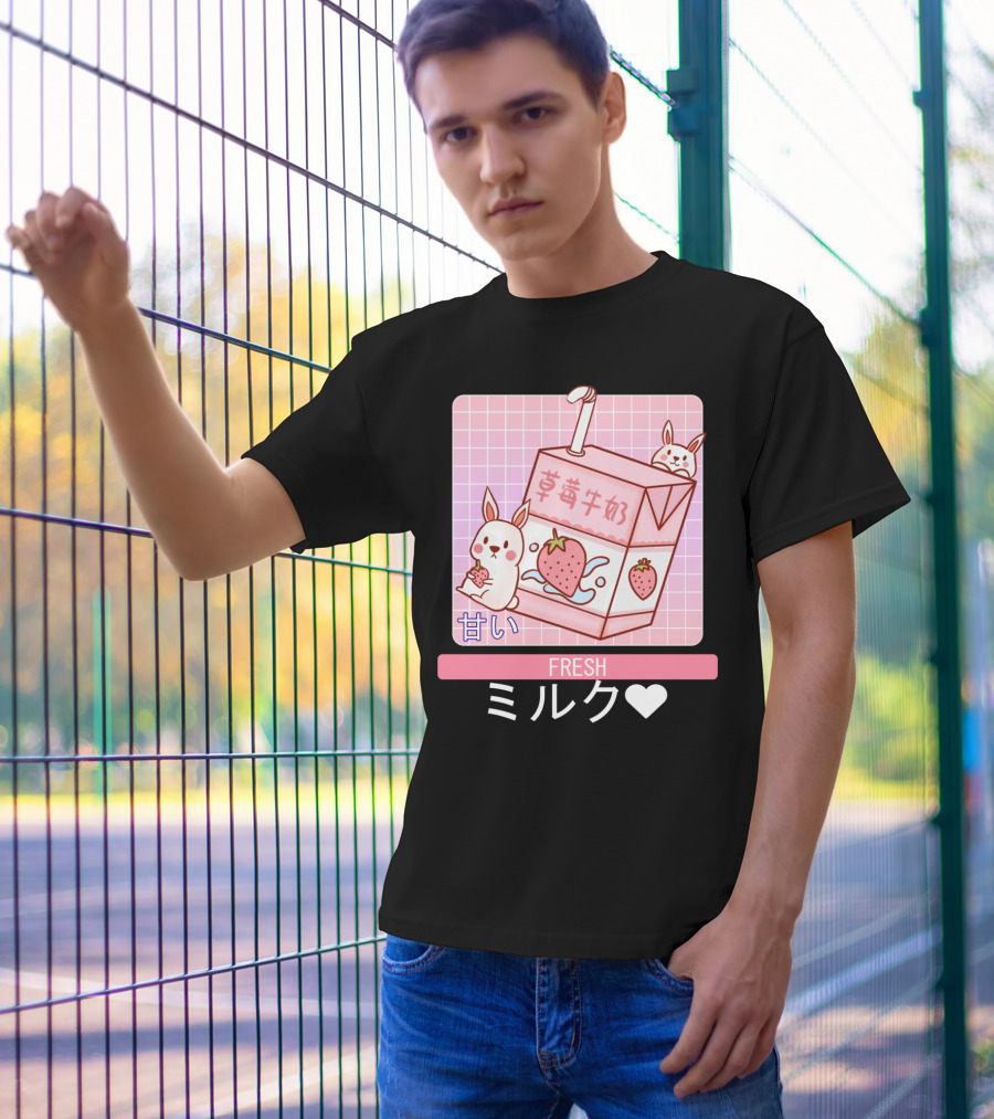 Fresh  Strawberry Milk Carton With Cute Bunny Aesthetic T-Shirt
