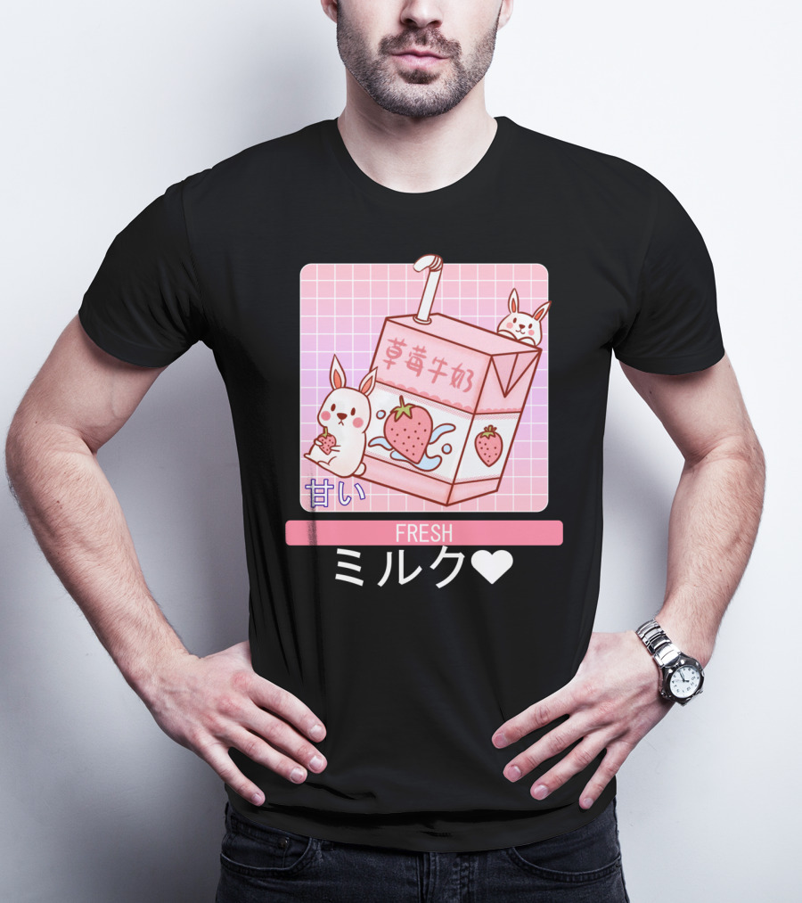 Fresh  Strawberry Milk Carton With Cute Bunny Aesthetic T-Shirt