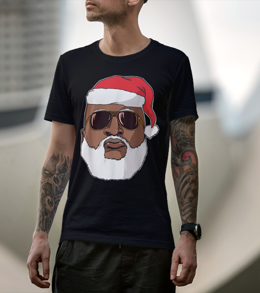 African American Santa With Sunglasses And Santa Hat T-Shirt