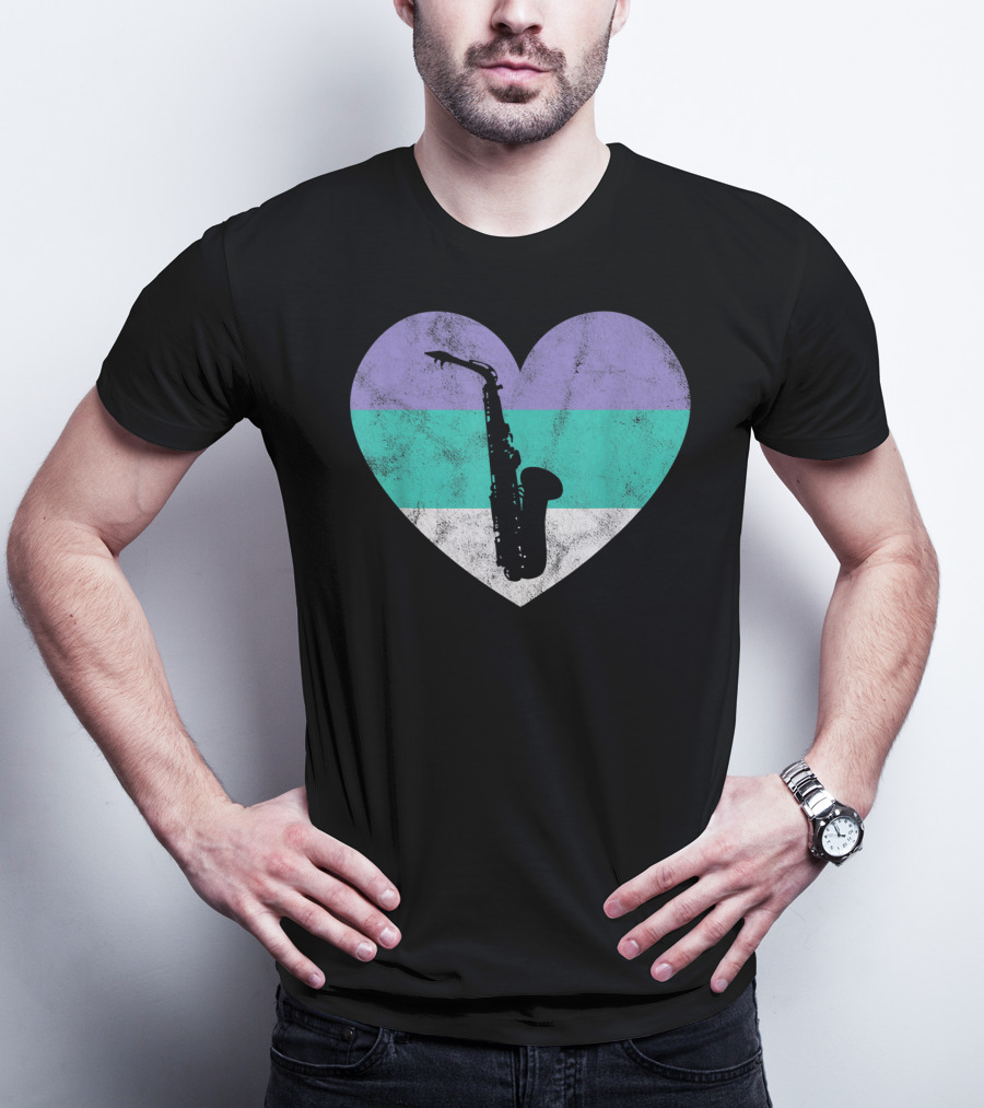 Heart With Alto Saxophone Silhouette And Pastel Stripes T-Shirt
