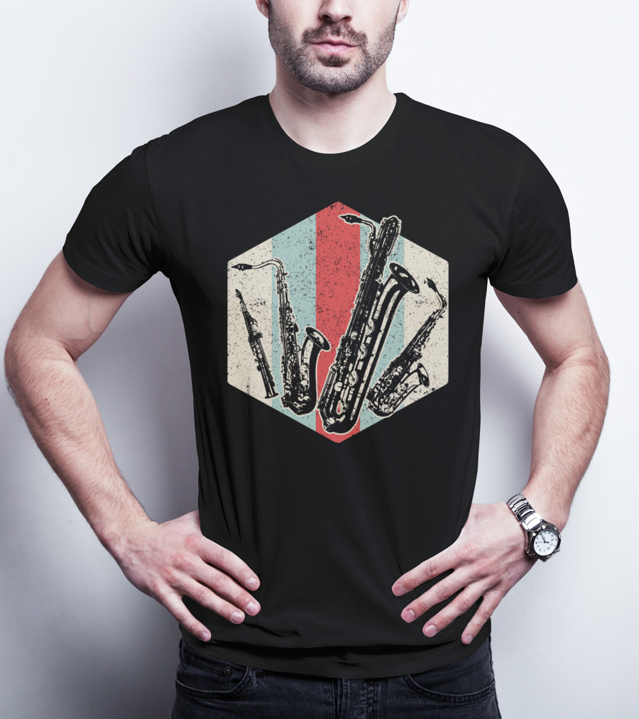Alto Tenor Soprano Baritone Saxophone Sax Retro Hexagon T-Shirt