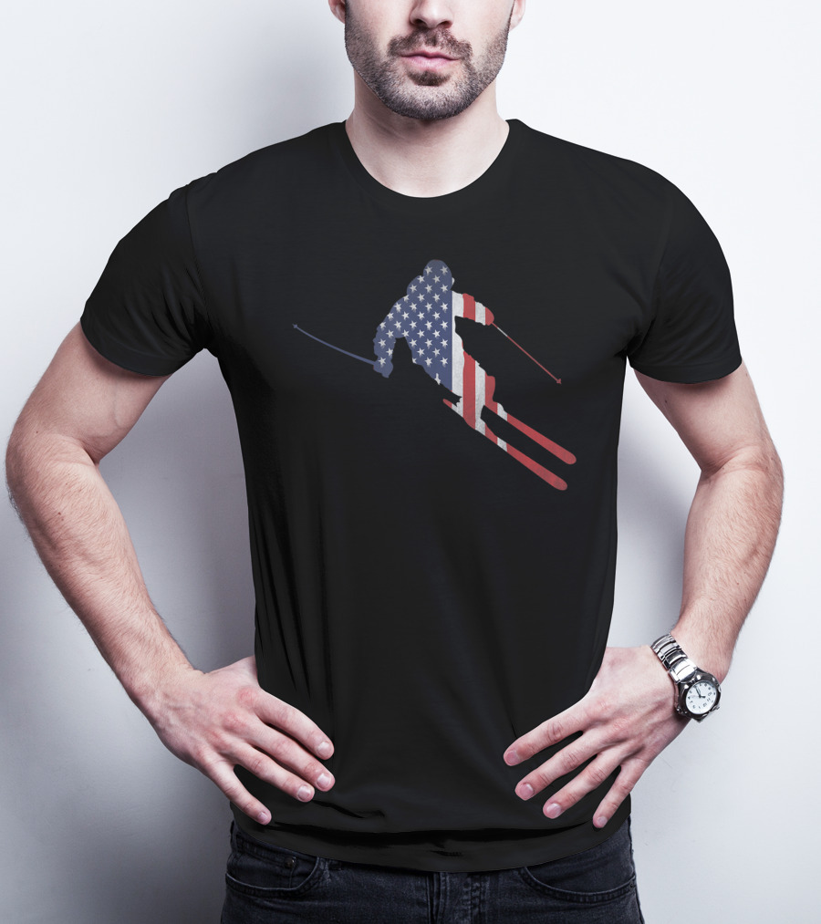 American Flag Skiing Silhouette For US Skiers T-Shirt