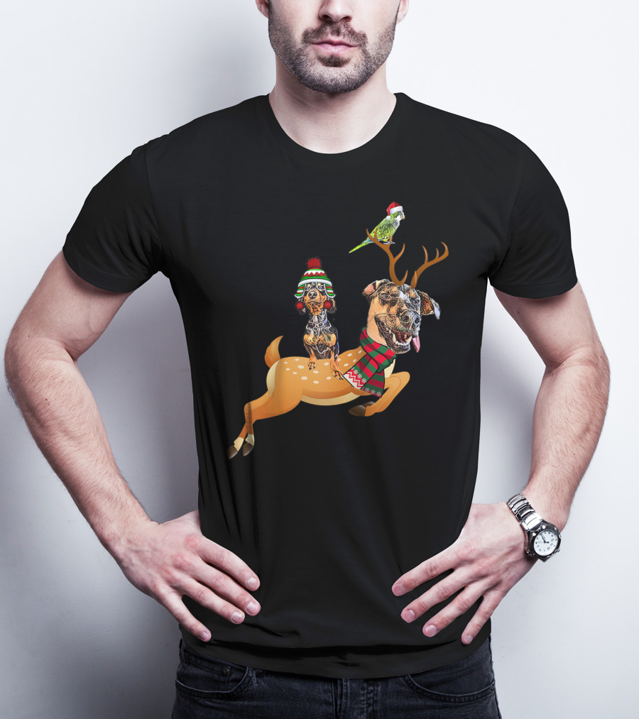 At's Andy And Thanri Reindeer Dog Duo With Santa Parrot T-Shirt