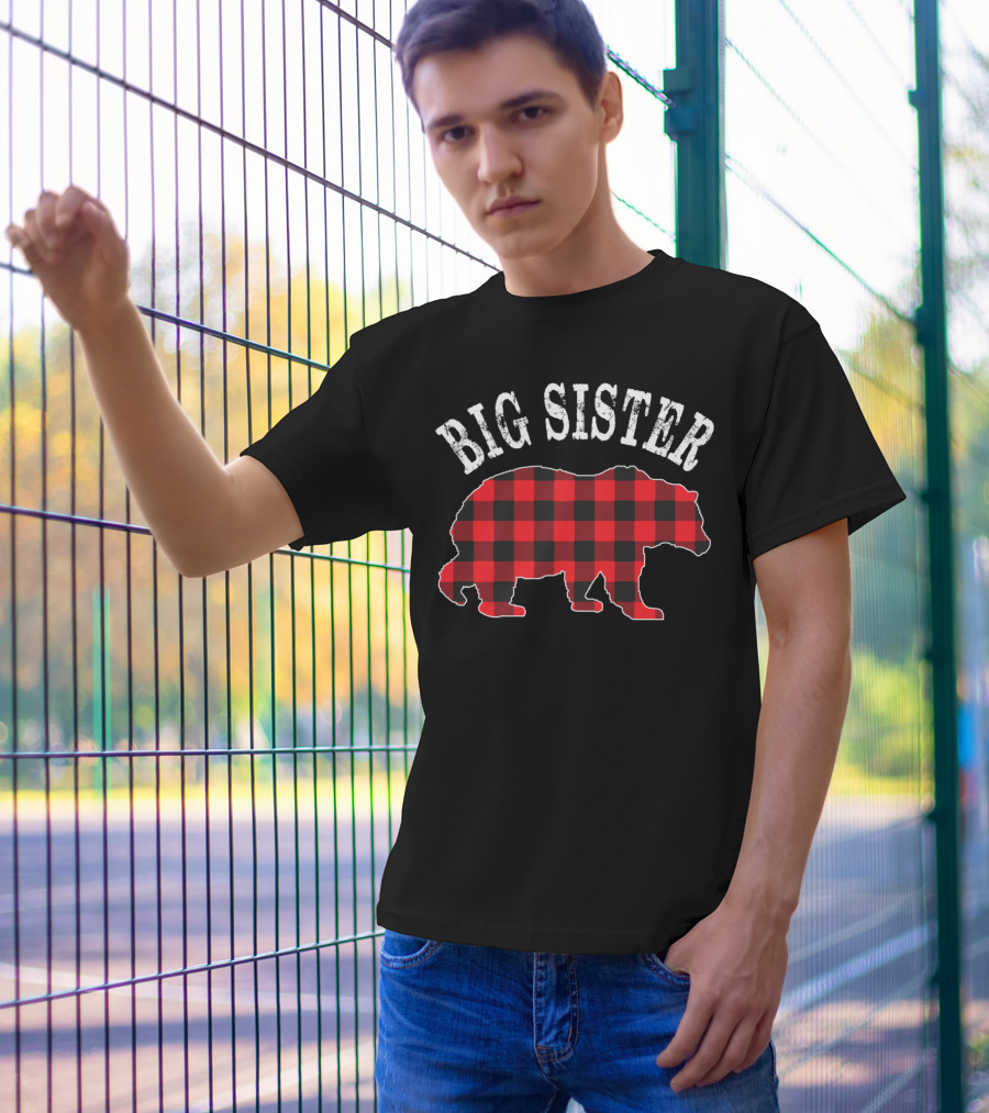 Big Sister Bear Red Black Buffalo Plaid T-Shirt