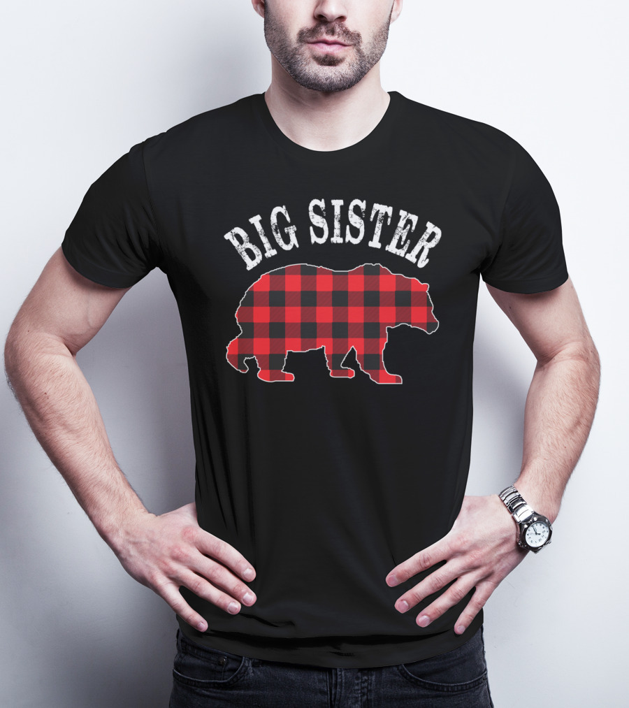 Big Sister Bear Red Black Buffalo Plaid T-Shirt