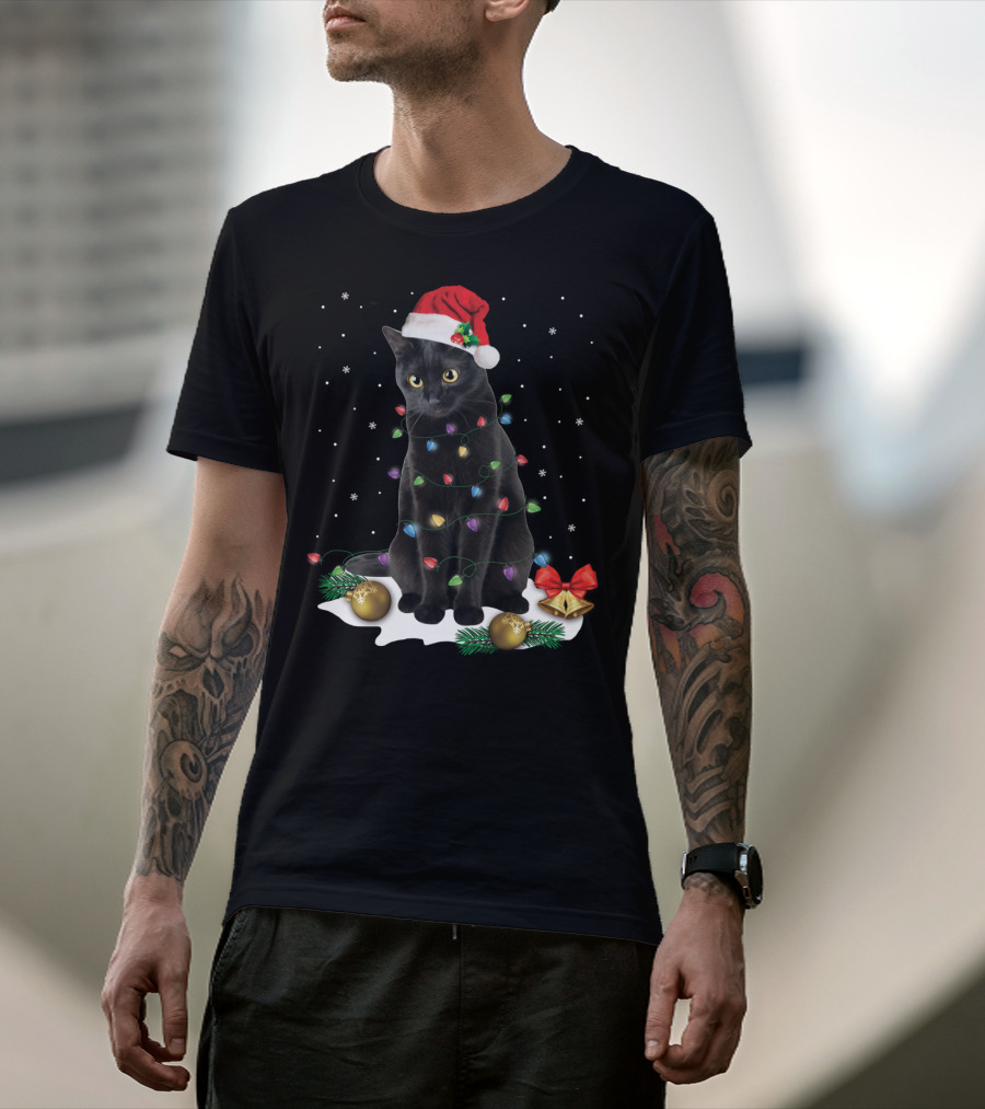 Black Cat Santa Christmas Lights Funny Cat Dad Festive Holiday T-Shirt