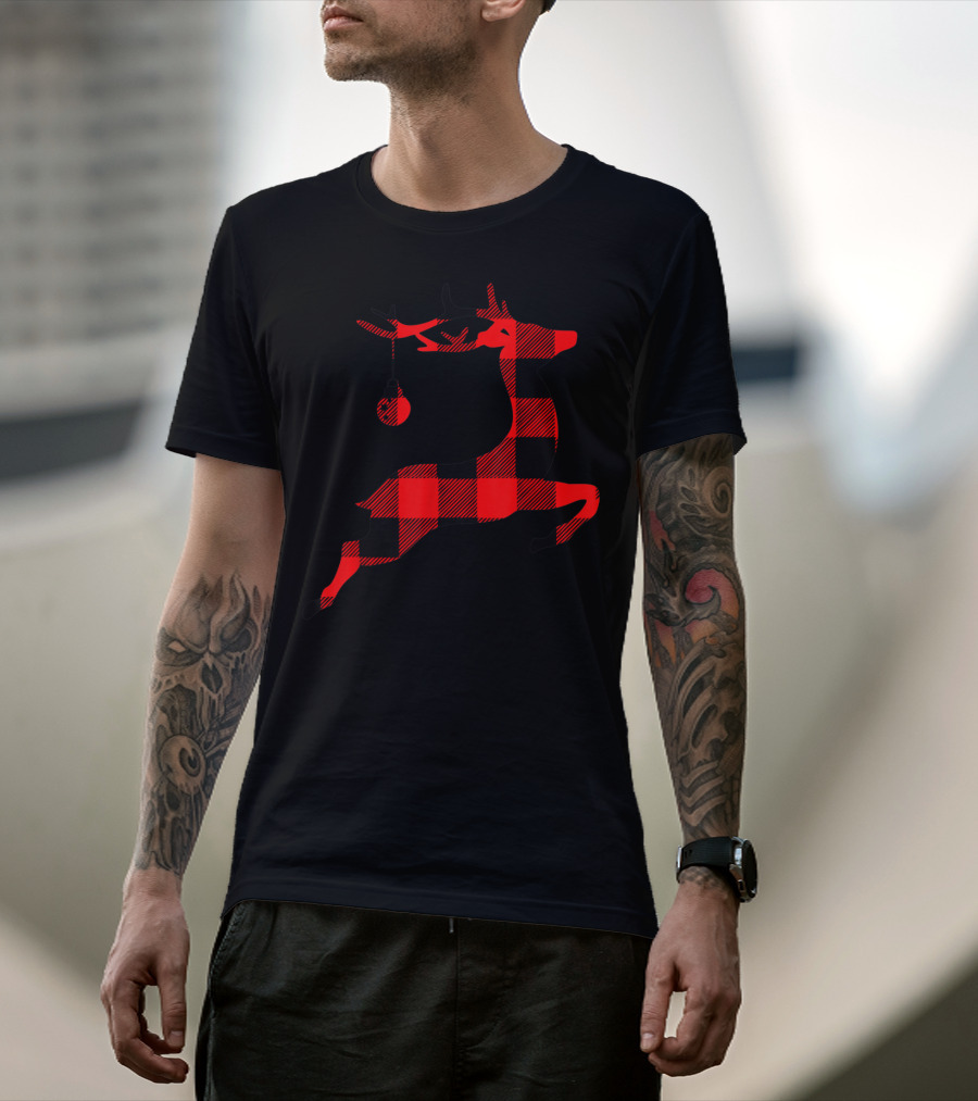 Festive Black And Red Plaid Reindeer Silhouette T-Shirt