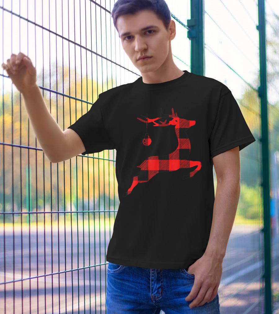 Festive Black And Red Plaid Reindeer Silhouette T-Shirt