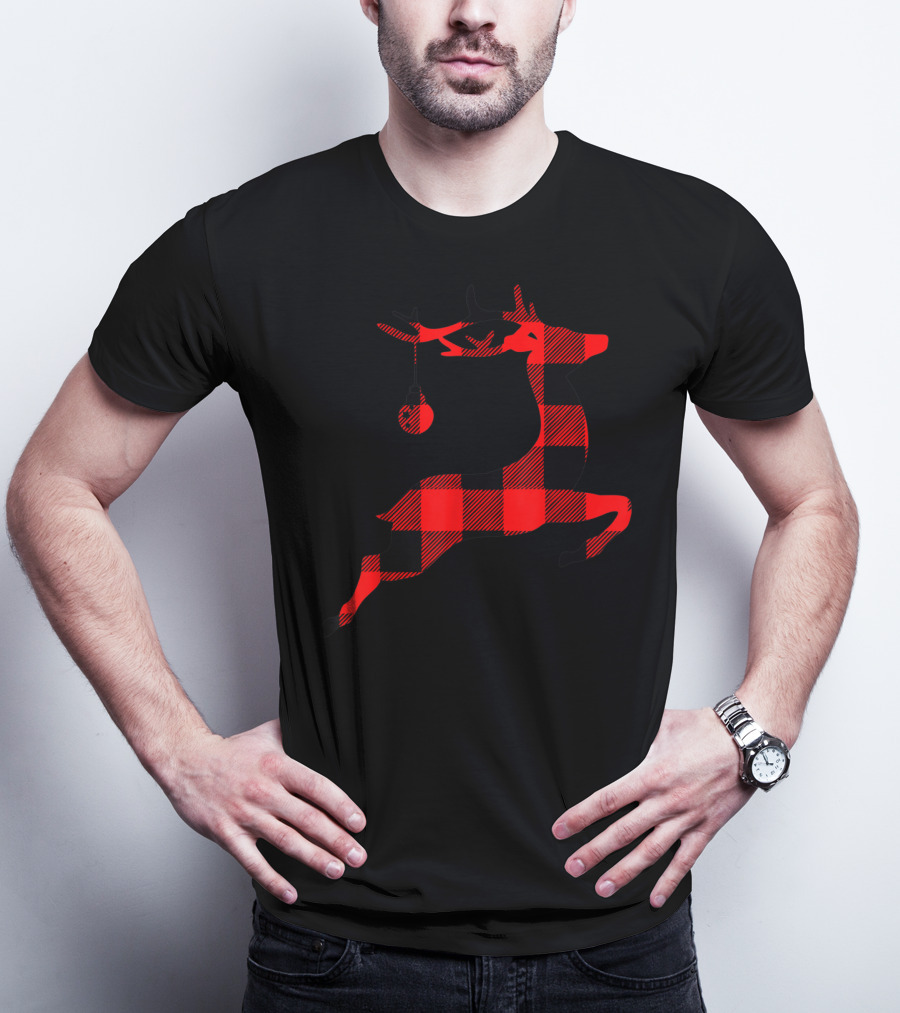 Festive Black And Red Plaid Reindeer Silhouette T-Shirt