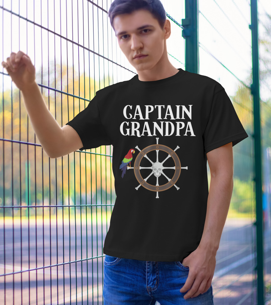 Captain Grandpa Parrot Skull Ship Wheel T-Shirt