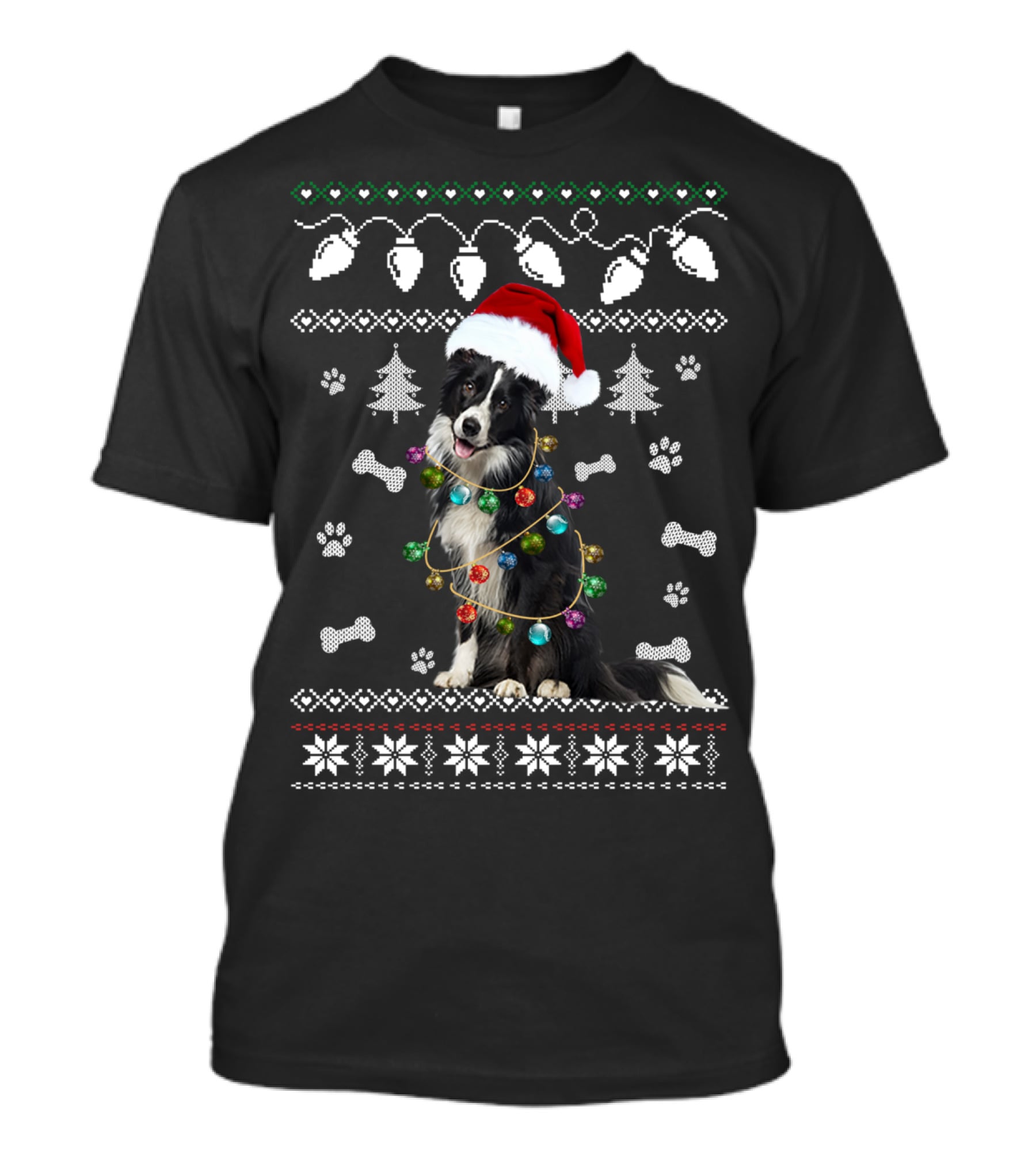Border Collie Christmas Lights Santa Hat Paw Prints Festive T-Shirt