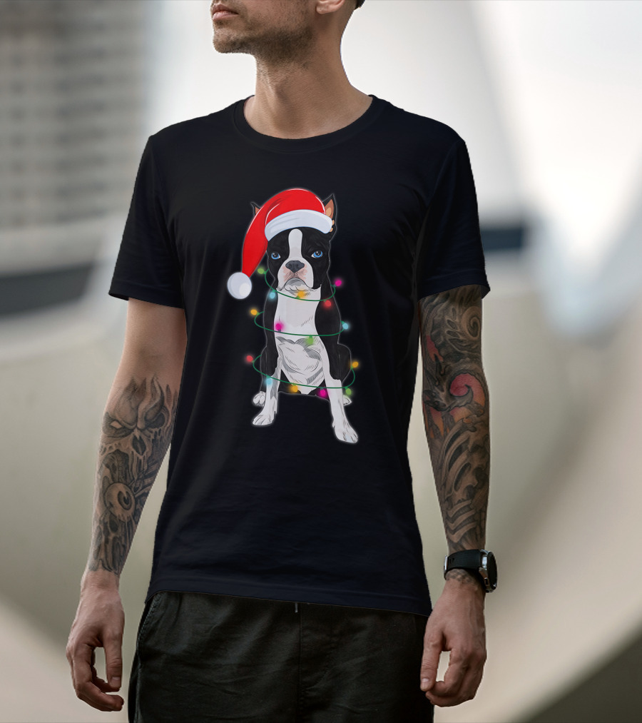Boston Terrier Wrapped In Christmas Lights With Santa Hat T-Shirt