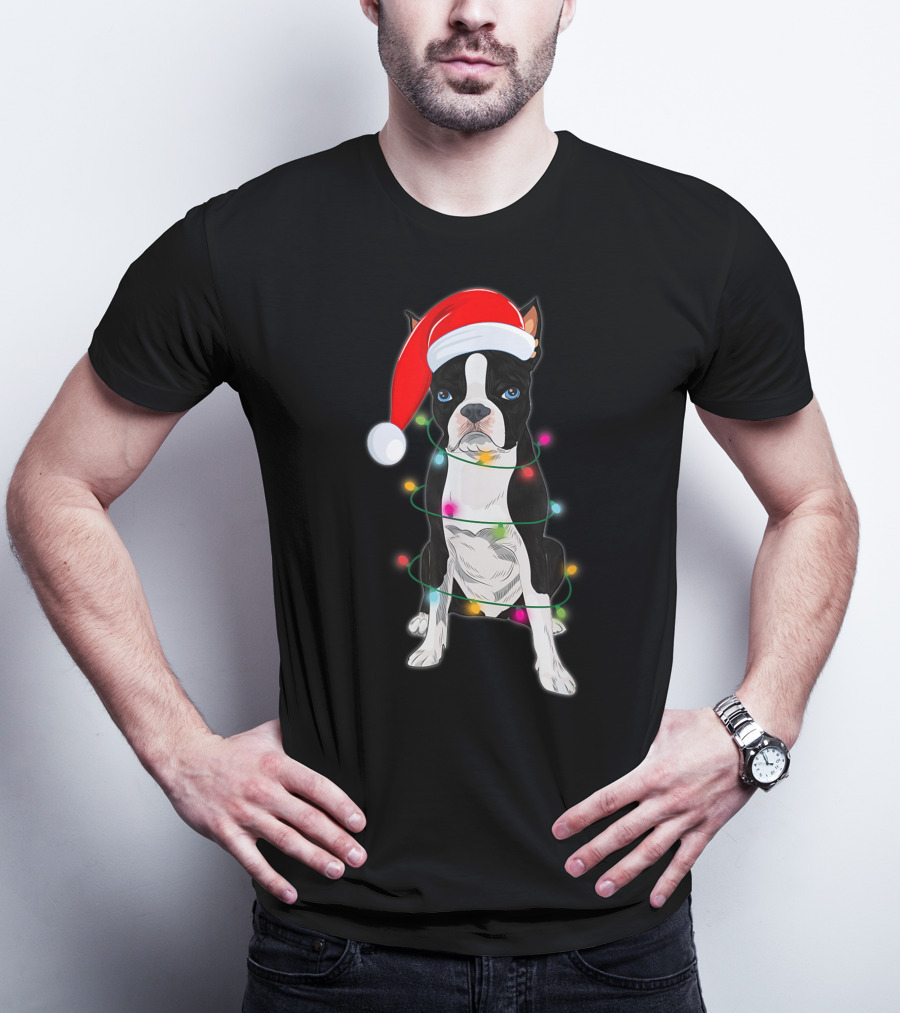 Boston Terrier Wrapped In Christmas Lights With Santa Hat T-Shirt