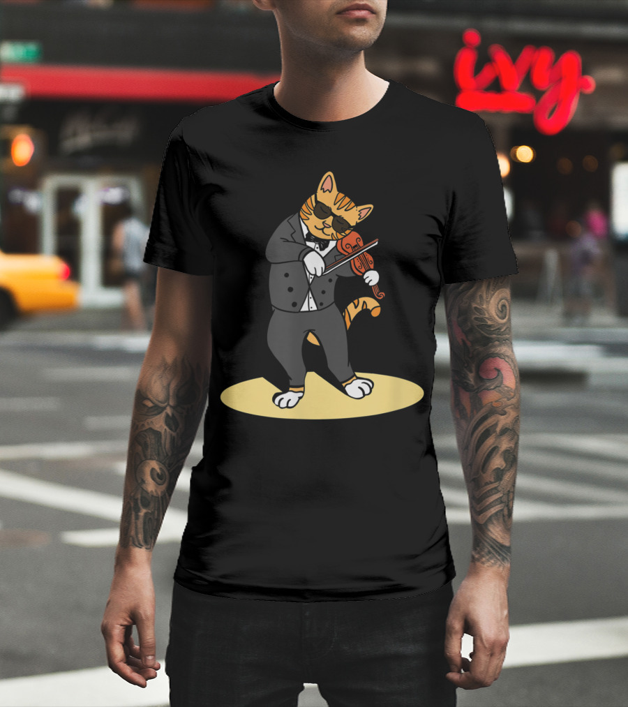 Cat Playing Violin Orchestra Kitten In Tuxedo With Sunglasses T-Shirt