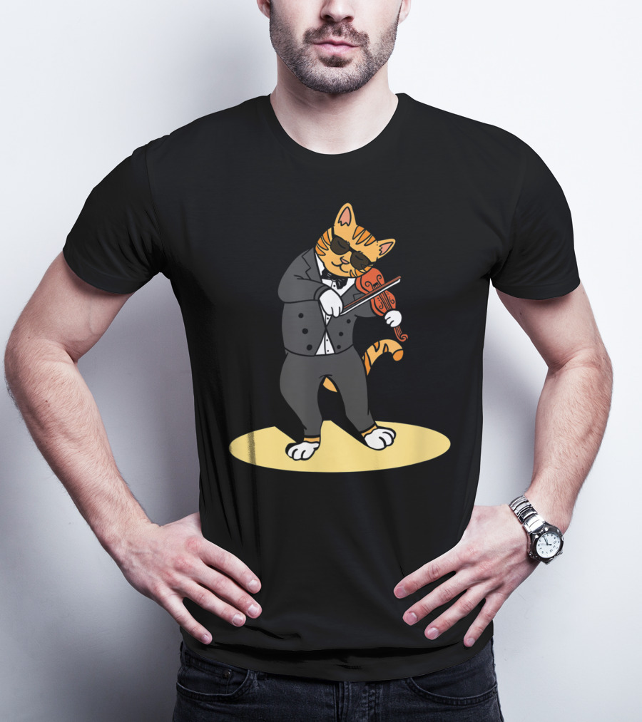 Cat Playing Violin Orchestra Kitten In Tuxedo With Sunglasses T-Shirt
