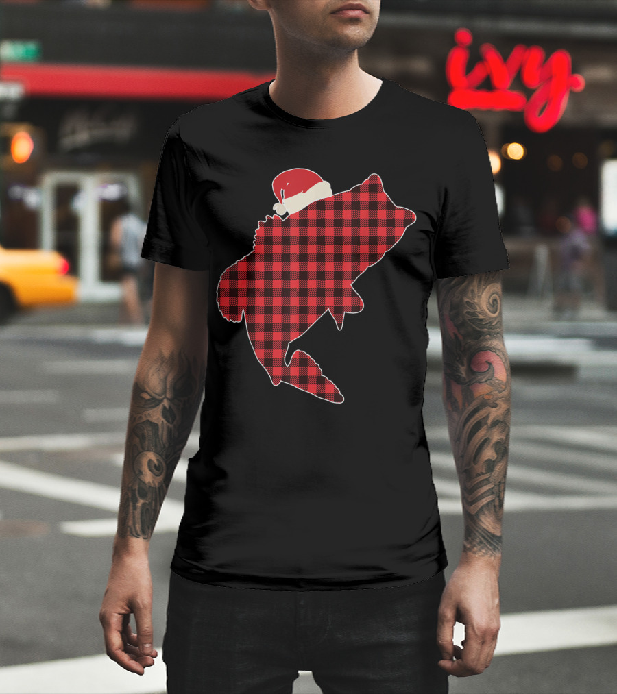 Christmas Fish Santa Hat Red Plaid Buffalo T-Shirt