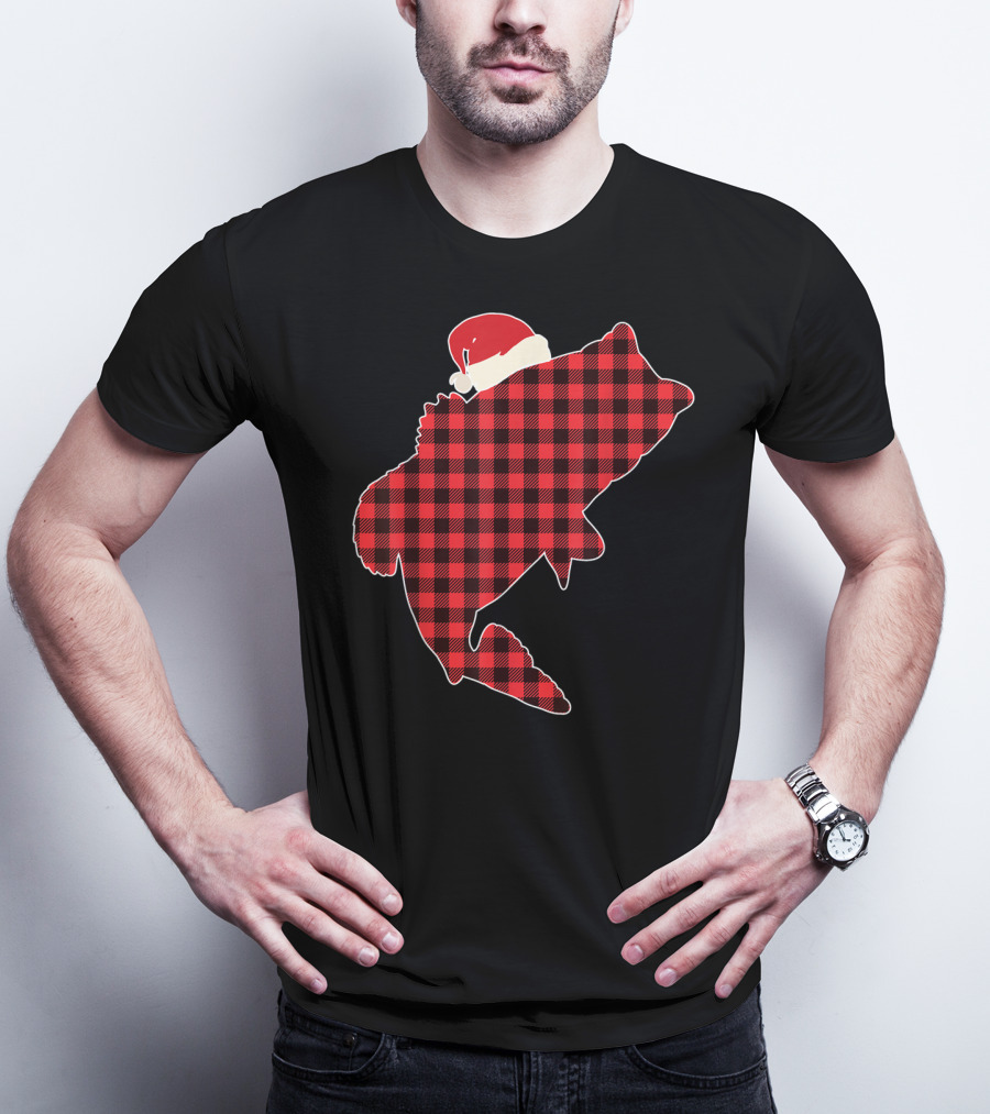 Christmas Fish Santa Hat Red Plaid Buffalo T-Shirt