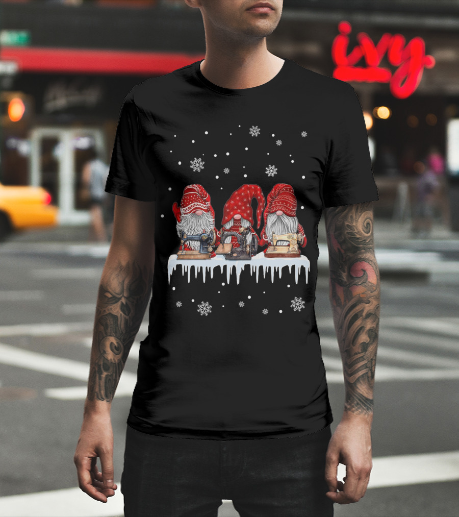 Christmas Gnomes Red Sewing Machine Snowflakes Winter Scene T-Shirt