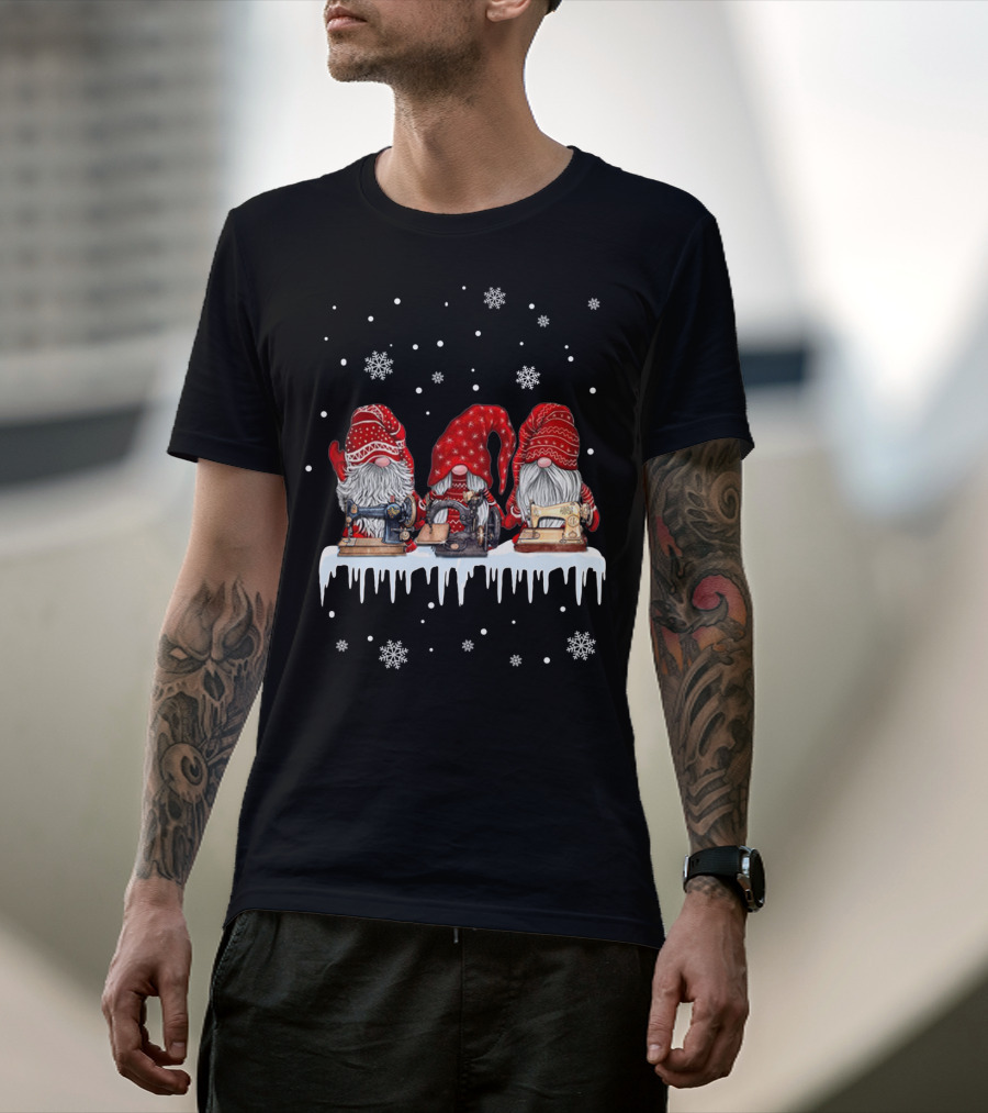 Christmas Gnomes Red Sewing Machine Snowflakes Winter Scene T-Shirt