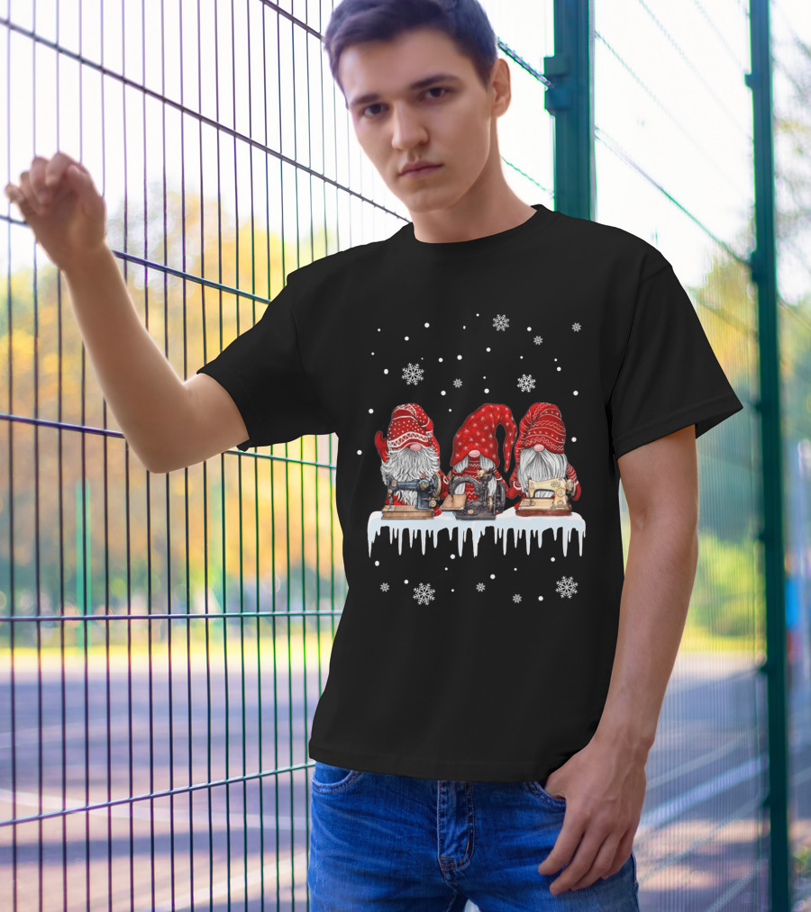 Christmas Gnomes Red Sewing Machine Snowflakes Winter Scene T-Shirt