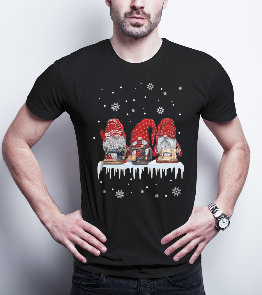Christmas Gnomes Red Sewing Machine Snowflakes Winter Scene T-Shirt