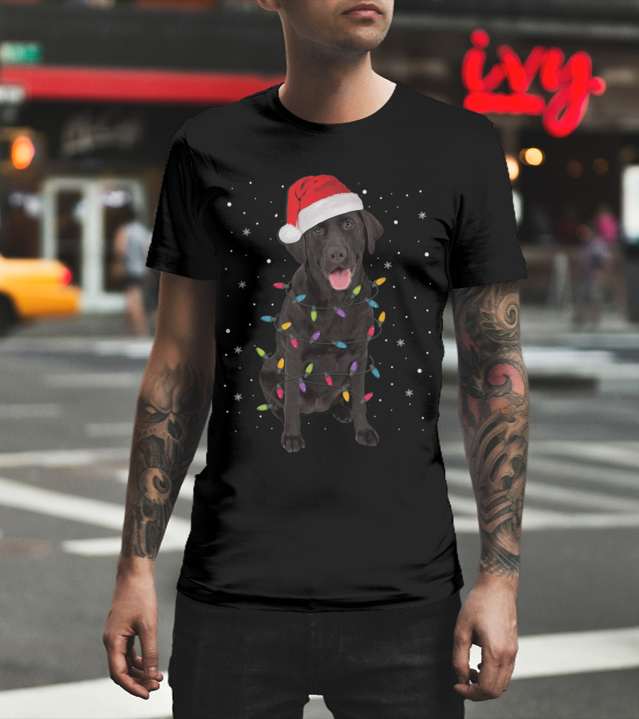 Christmas Black Labrador Retriever With Santa Hat And Holiday Lights T-Shirt