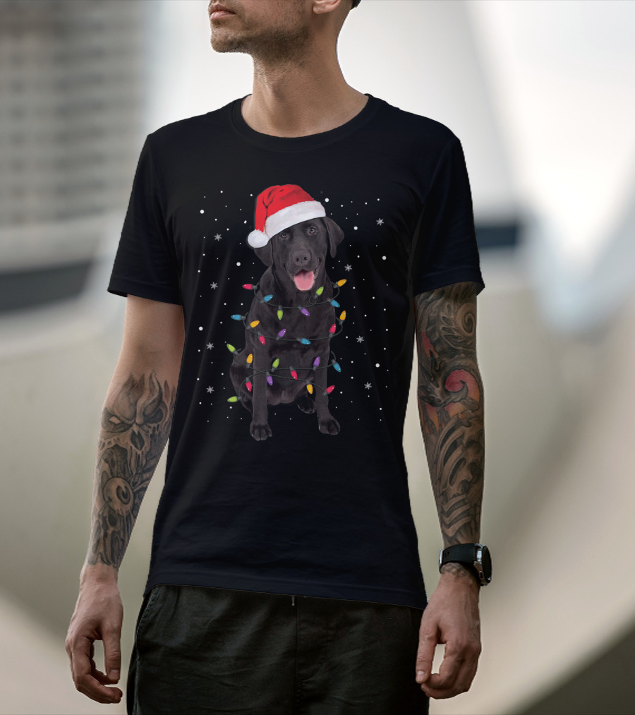 Christmas Black Labrador Retriever With Santa Hat And Holiday Lights T-Shirt