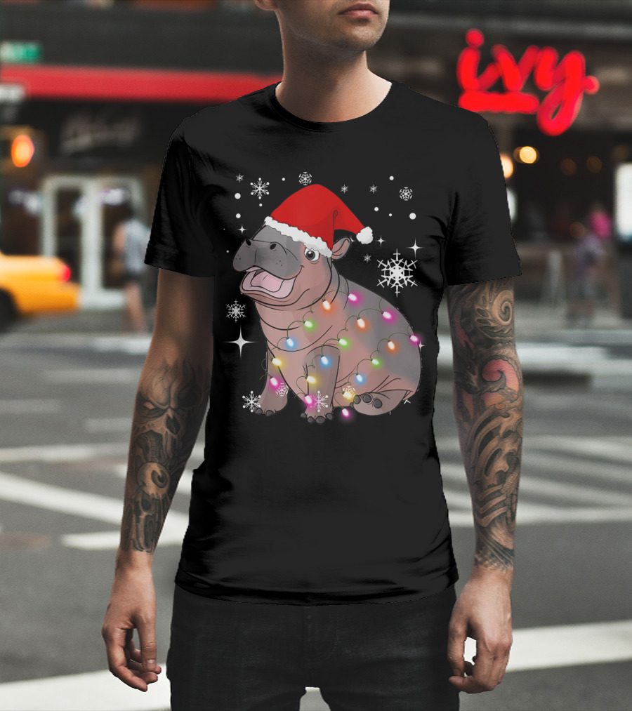 Christmas Lights Baby Hippo Fiona Santa Hat T-Shirt