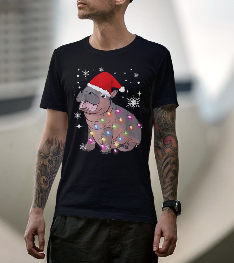 Christmas Lights Baby Hippo Fiona Santa Hat T-Shirt