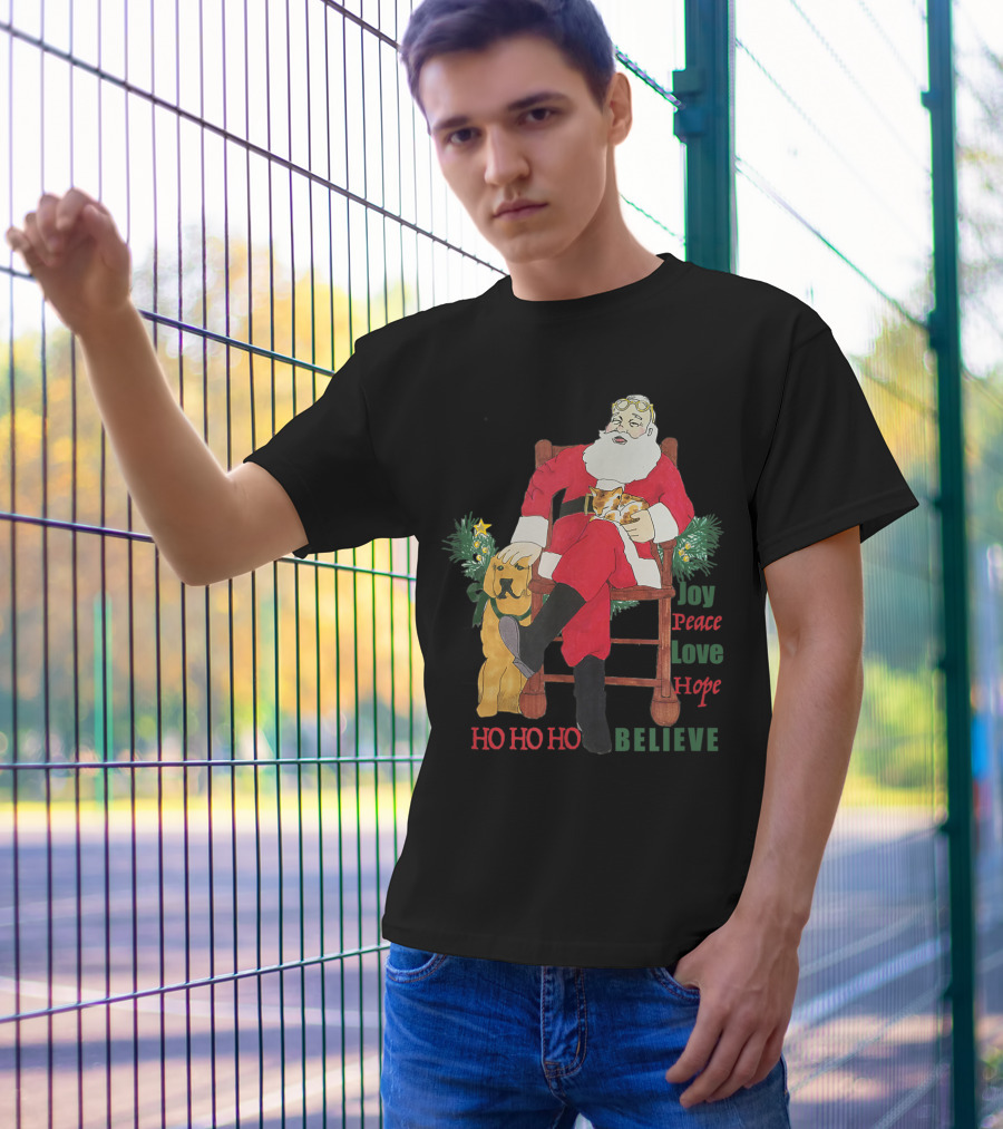 Christmas Santa With Dog And Cat Joy Peace Love Hope Believe Ho Ho Ho T-Shirt