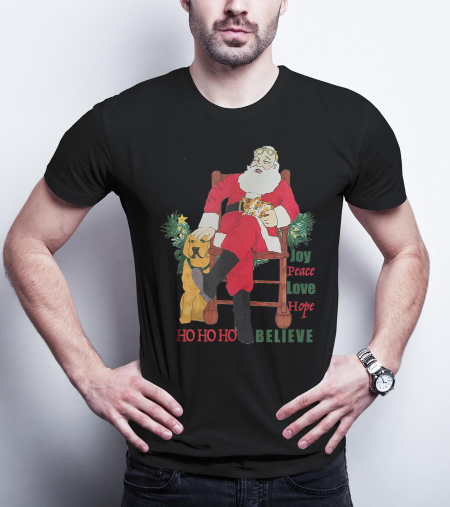 Christmas Santa With Dog And Cat Joy Peace Love Hope Believe Ho Ho Ho T-Shirt