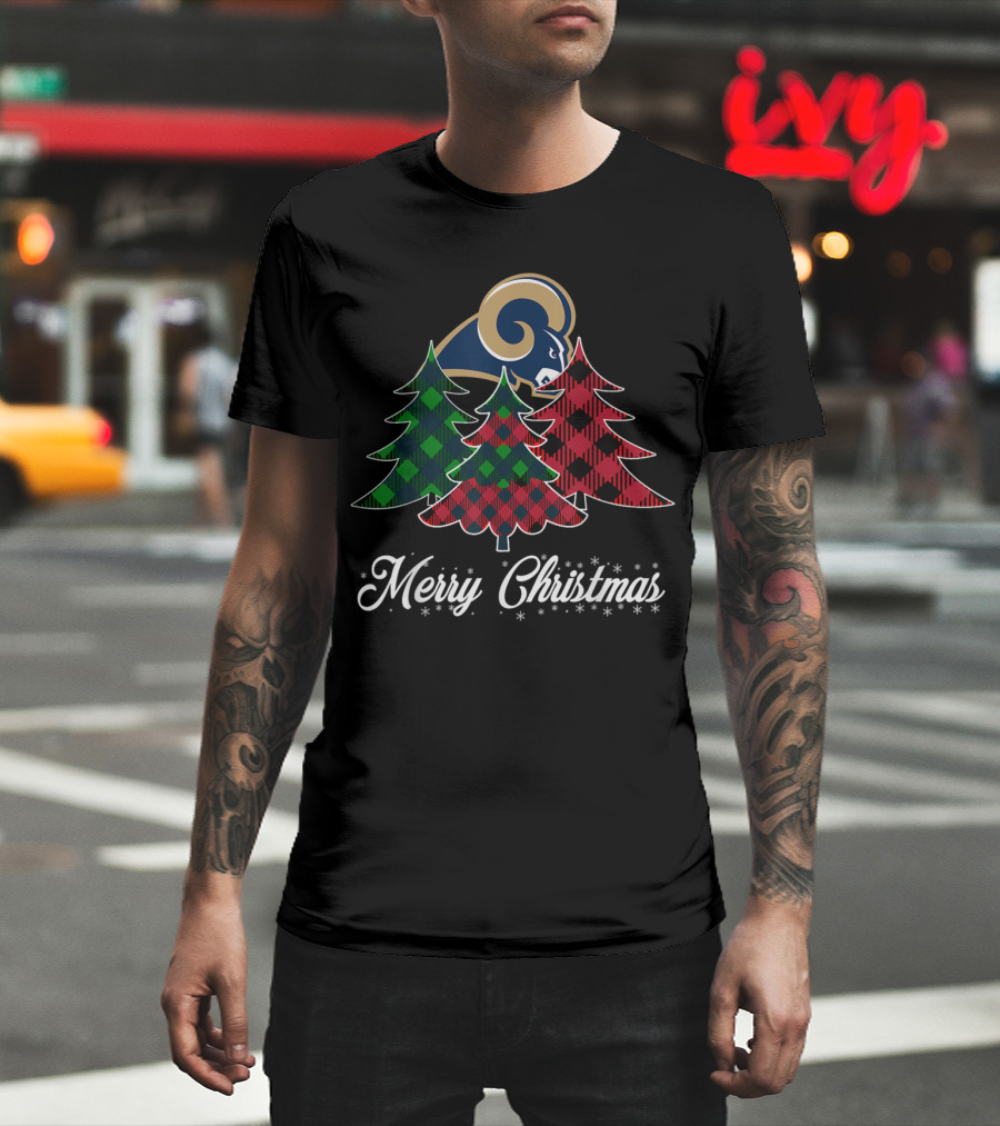 Merry Christmas Los Angeles Rams Plaid Trees Football Team T-Shirt