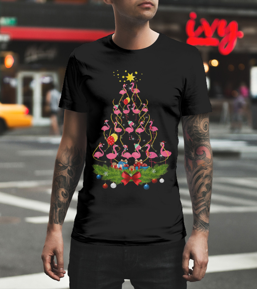 Pink Flamingo Christmas Tree With Santa Hats And Festive Decorations T-Shirt