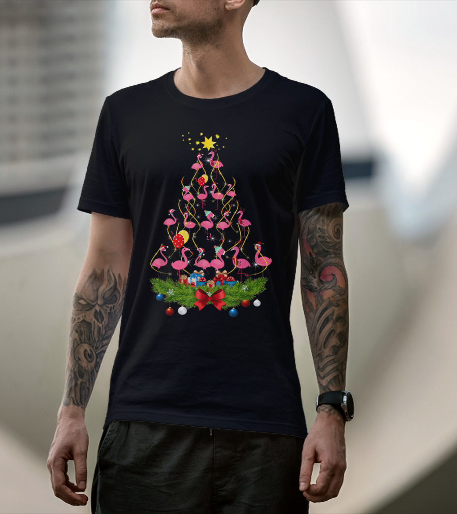 Pink Flamingo Christmas Tree With Santa Hats And Festive Decorations T-Shirt