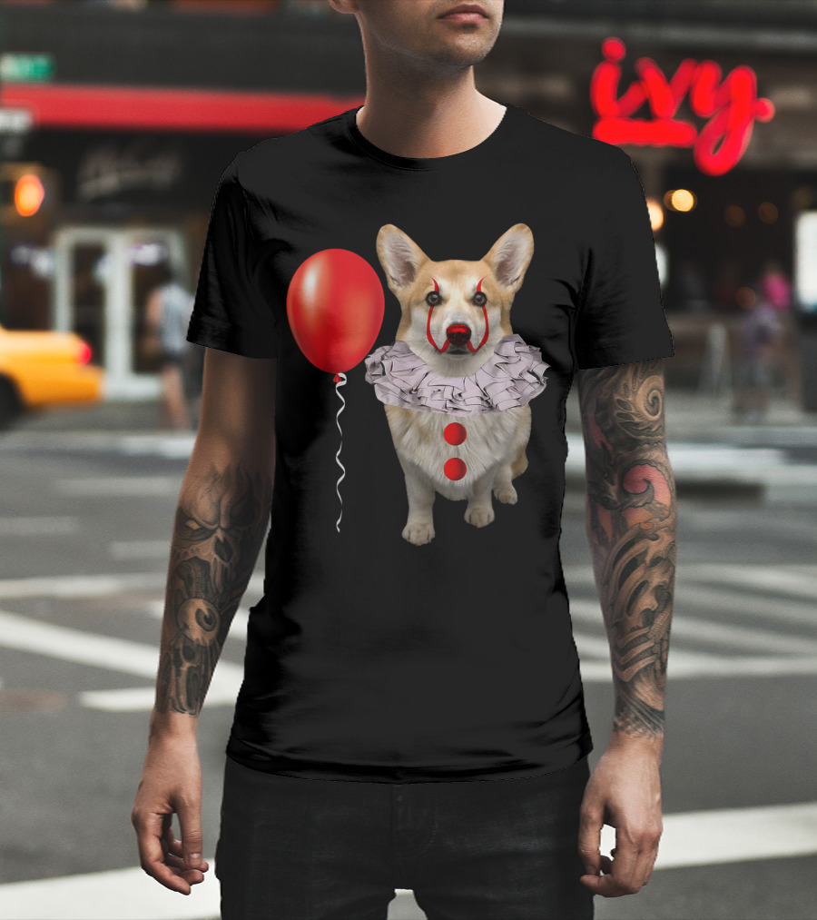 Corgi Clown Costume With Red Balloon Scary Funny Corgi T-Shirt