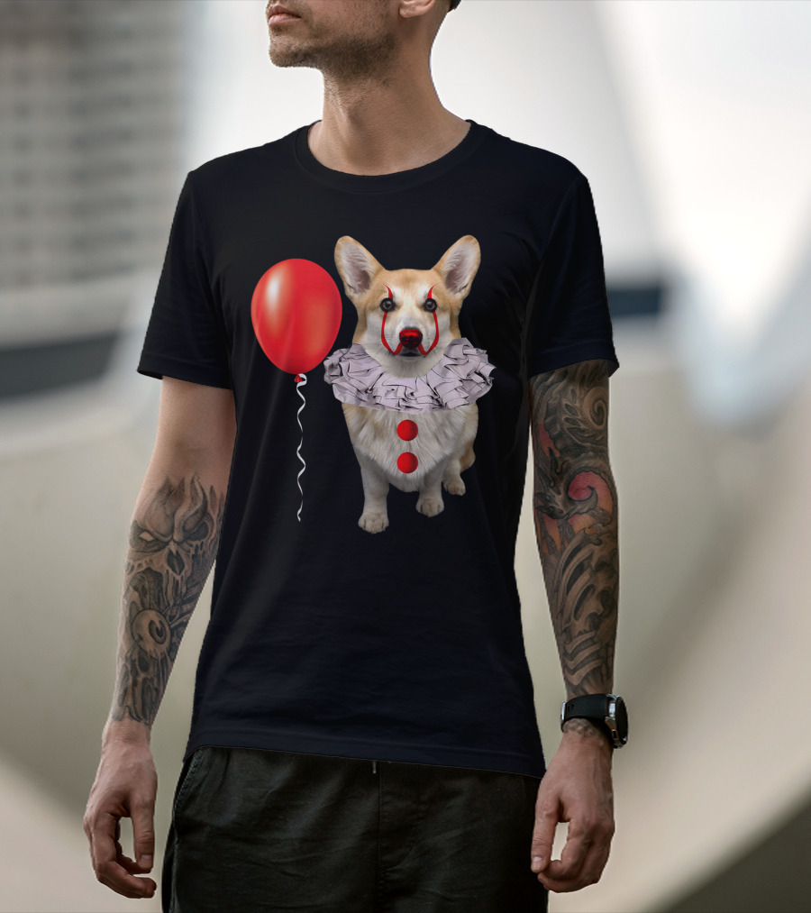 Corgi Clown Costume With Red Balloon Scary Funny Corgi T-Shirt