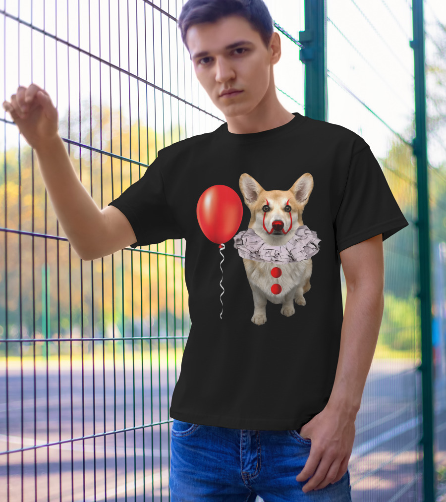 Corgi Clown Costume With Red Balloon Scary Funny Corgi T-Shirt