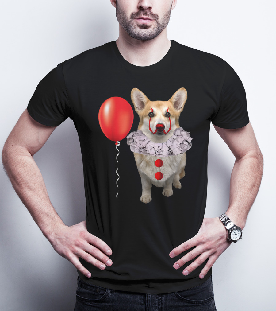 Corgi Clown Costume With Red Balloon Scary Funny Corgi T-Shirt