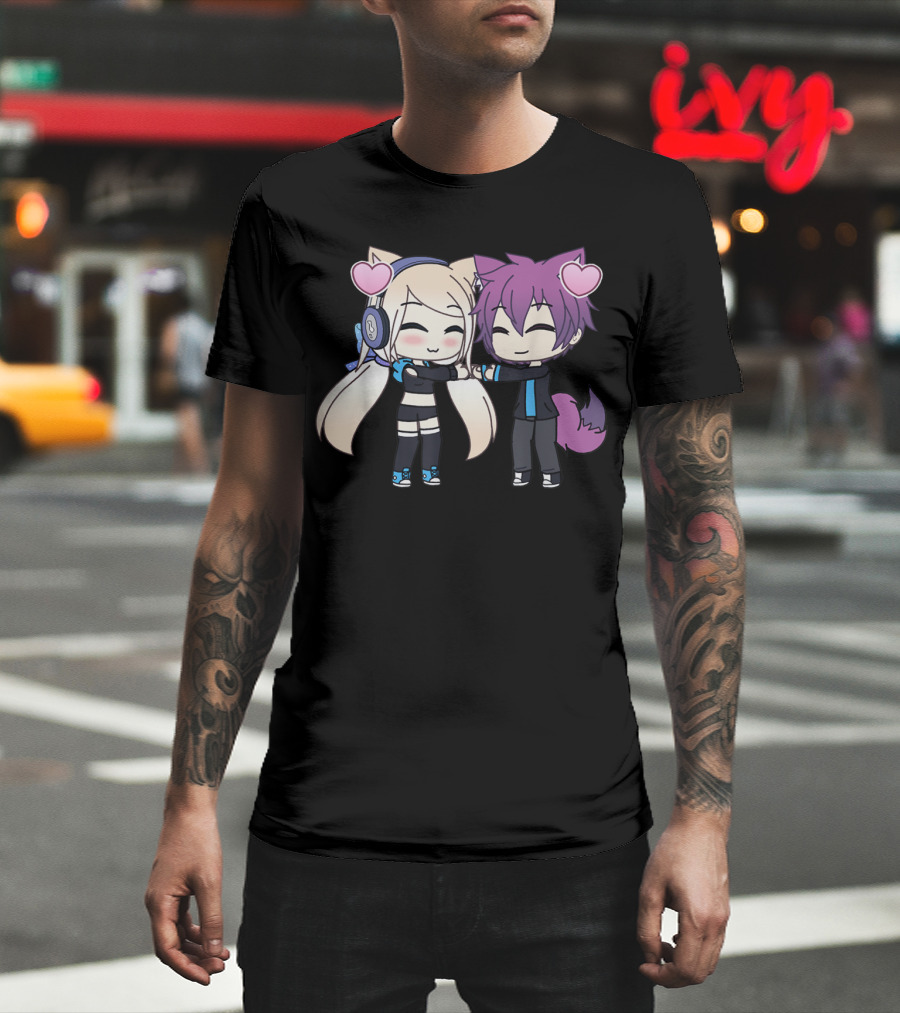 Cute Kawaii Chibi Anime Girl And Boy With Hearts And Cat Ears T-Shirt