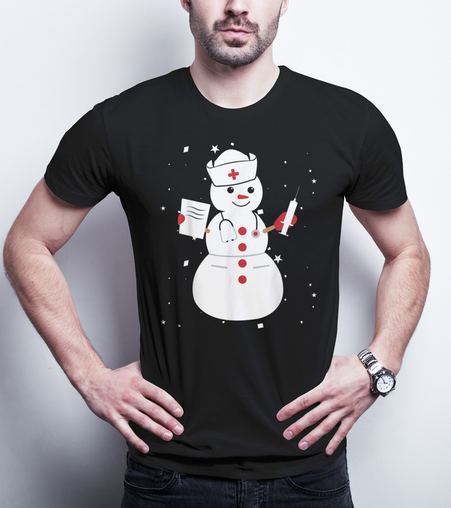 Nurse Snowman Holding Syringe And Clipboard For Cute Christmas Winter T-Shirt