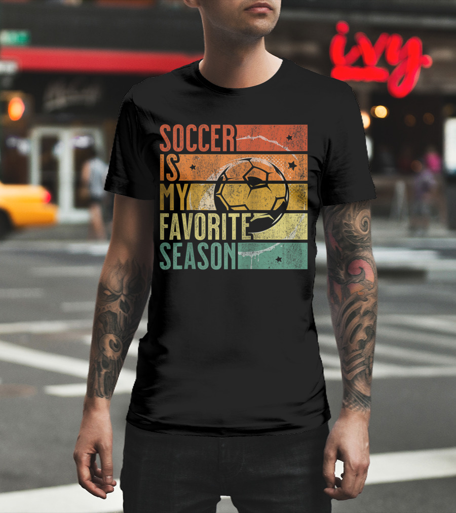 Soccer Is My Favorite Season Vintage Distressed Stripes Football Ball Retro T-Shirt
