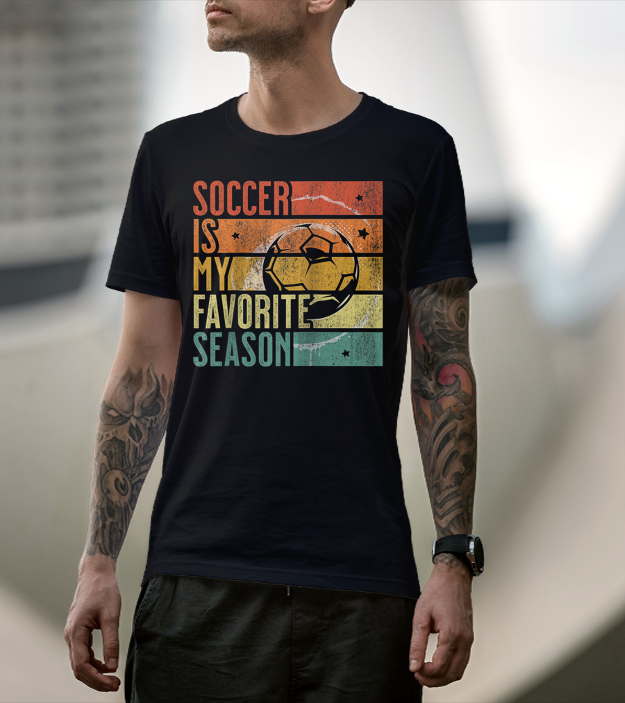 Soccer Is My Favorite Season Vintage Distressed Stripes Football Ball Retro T-Shirt