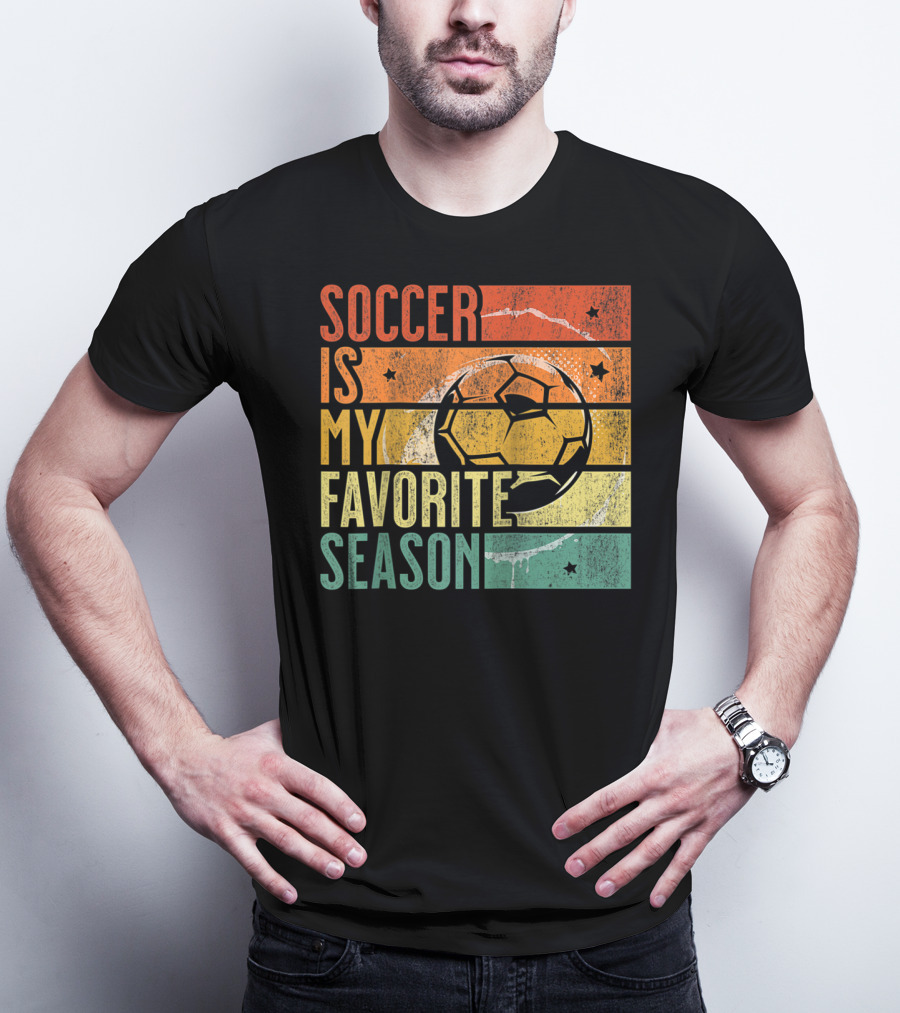 Soccer Is My Favorite Season Vintage Distressed Stripes Football Ball Retro T-Shirt