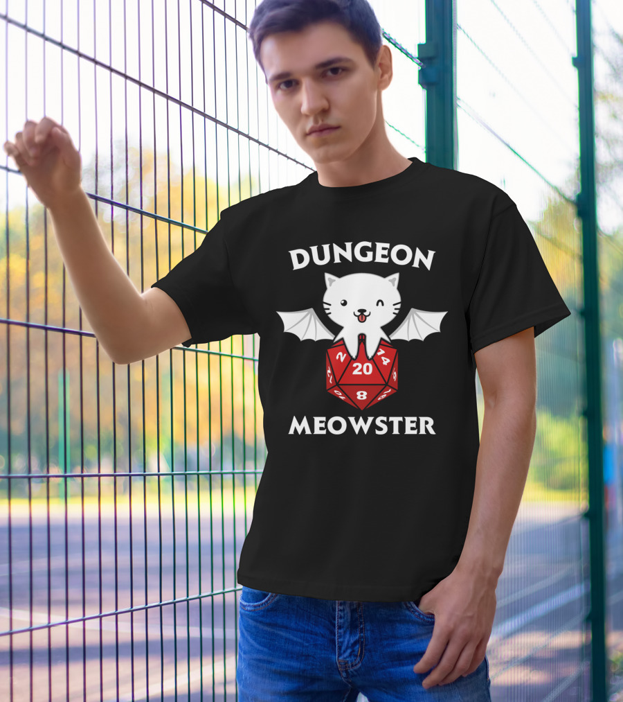 Dungeon Meowster D20 RPG Cat With Wings On Dice T-Shirt