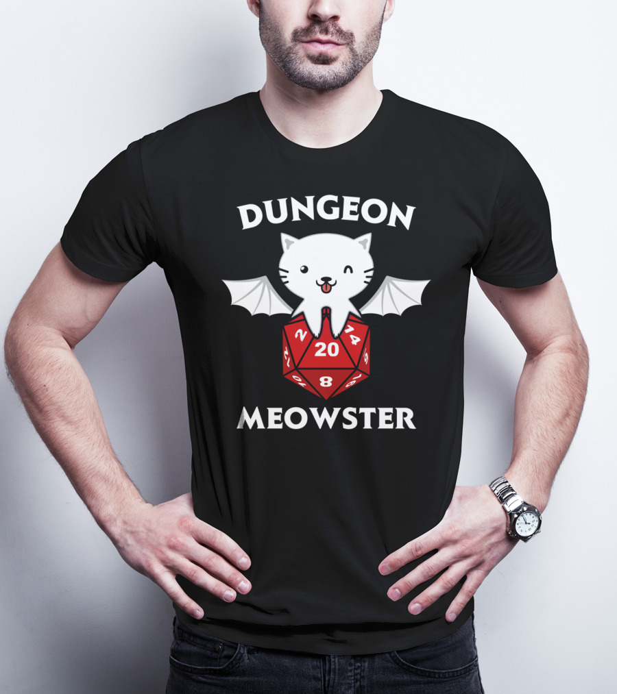 Dungeon Meowster D20 RPG Cat With Wings On Dice T-Shirt