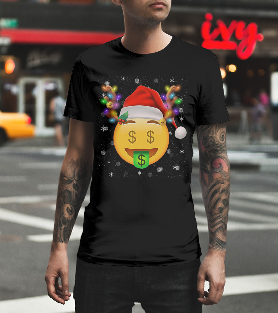 Santa Hat Reindeer Antlers Emoji Money Face T-Shirt
