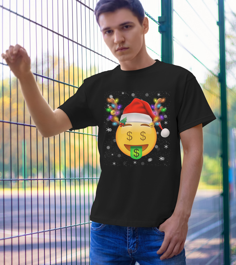 Santa Hat Reindeer Antlers Emoji Money Face T-Shirt