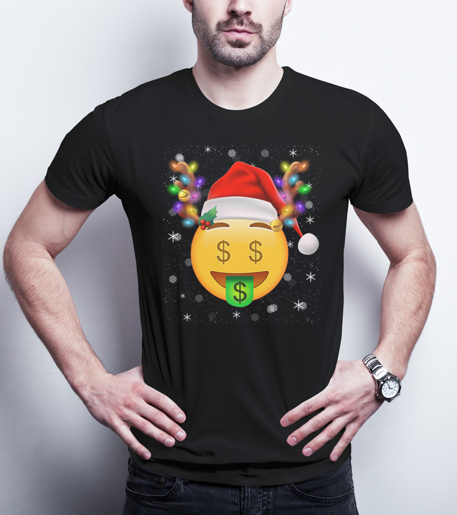 Santa Hat Reindeer Antlers Emoji Money Face T-Shirt
